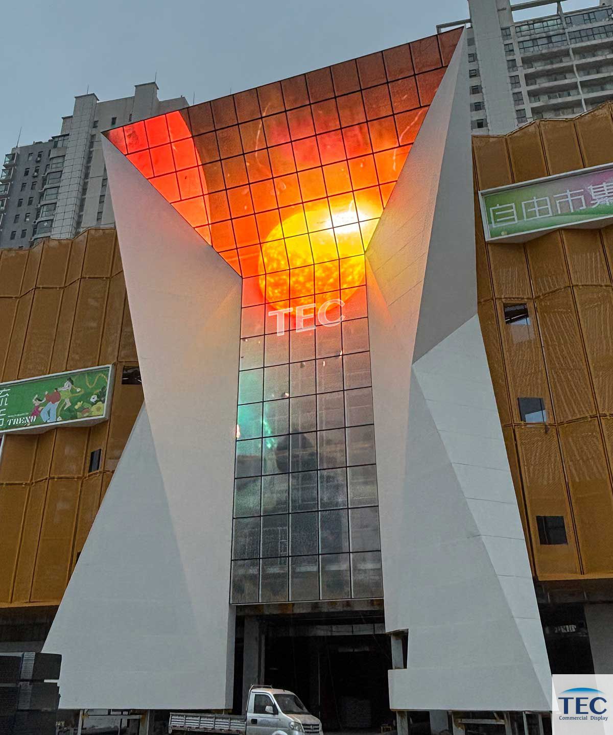 Large-format building glass facade DOOH transparent video wall ...