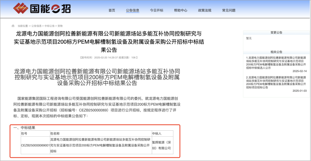 氢辉能源中标200标方PEM电解槽制氢设备