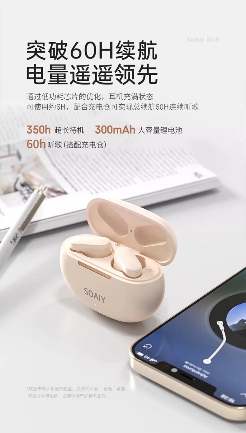 索爱（soaiy）SL6真无线蓝牙耳机运动商务游戏长续航半入耳式蓝牙耳机