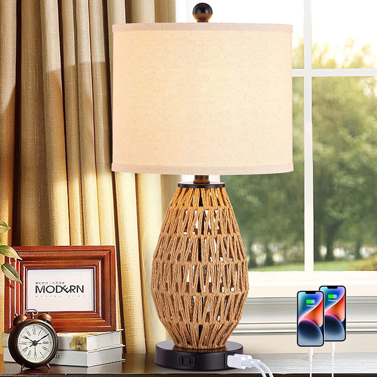 Wholesale Rattan Retro Vertical Table Lamp With Touch Control Usb
