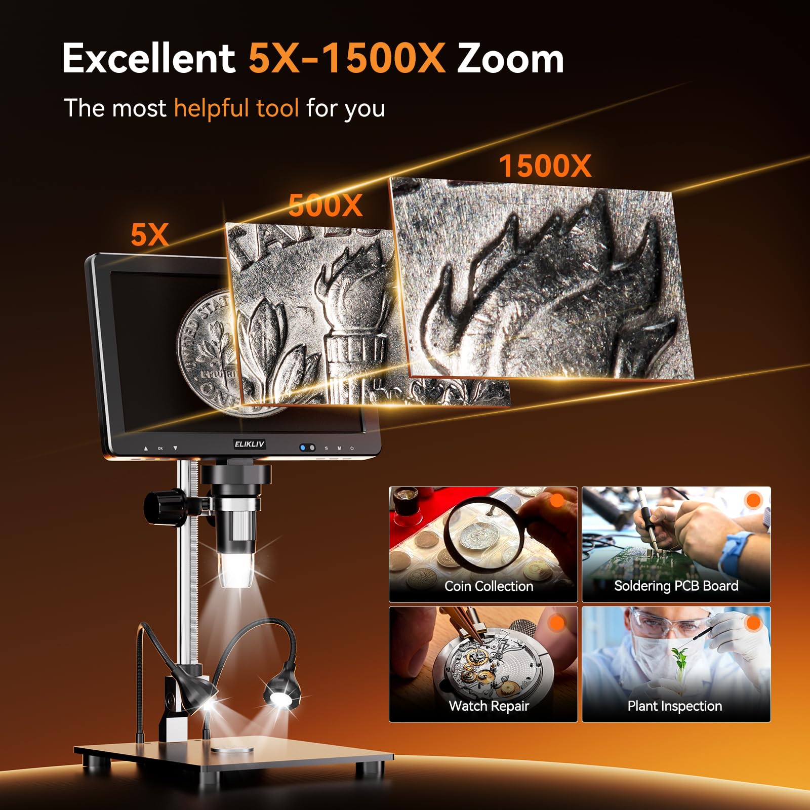 Elikliv EDM9 Max 10.1" HD IPS HDMI Digital Microscope 1500X, 20MP Coin ...